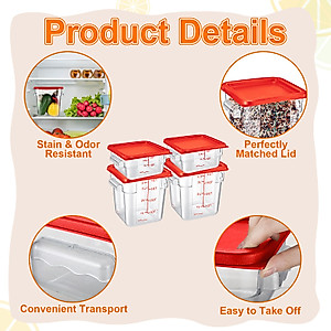 Suclain 8 Pcs Food Storage Container with Lids Set 2qt and 4qt Square Clear Commercial Containers with Scales Handles for Home Restaurant Kitchen Food Storage, Marinating Meat, Proof Dough (Red)