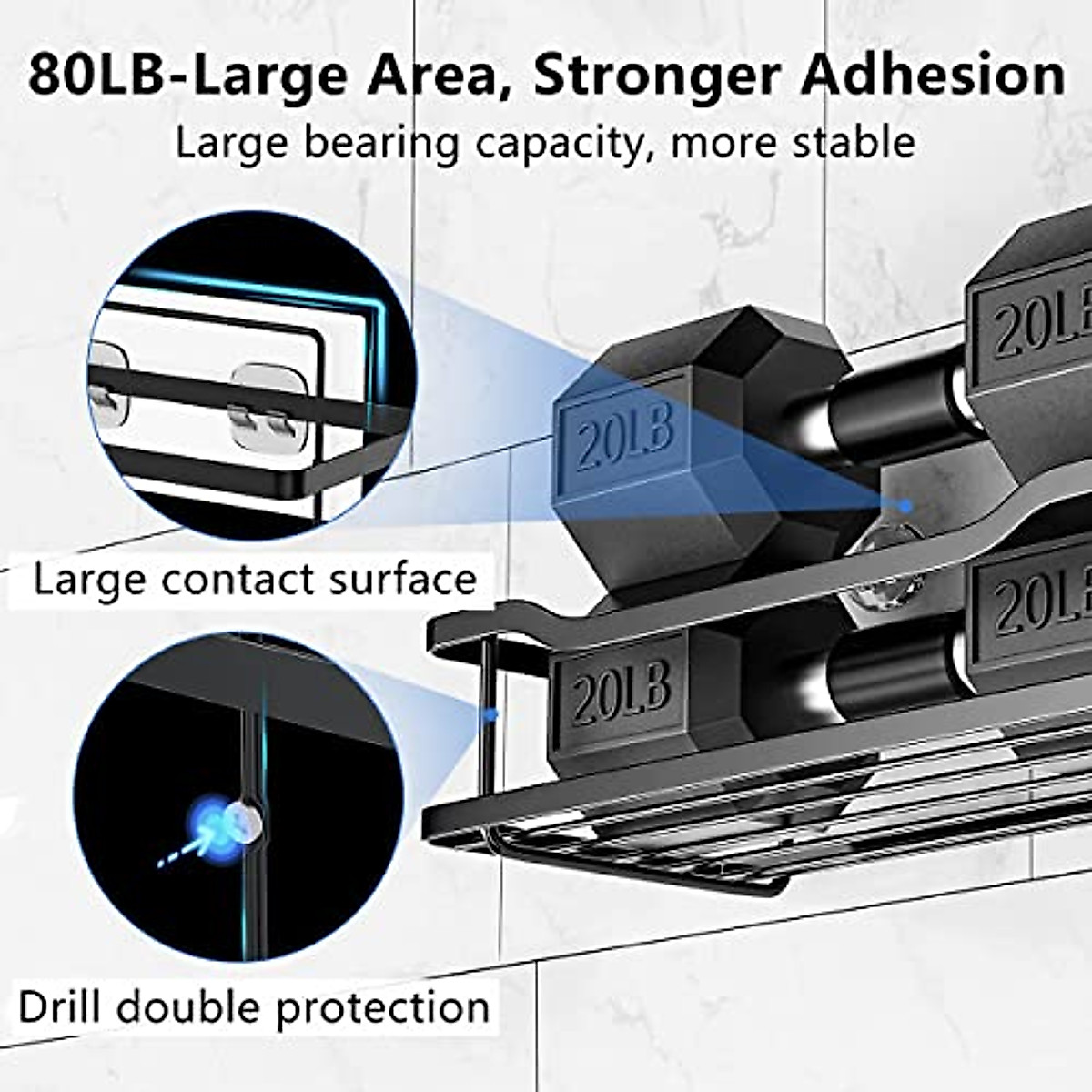 Bathroom Organizer Shelf Shower Caddy,No Drilling Adhesive Shelves Rustproof Sus304 Stainless Steel For Storage Organization,2 Pack With 4 Hooks,Matte Black Rack, SH-02