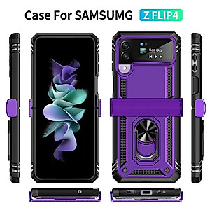 ONOLA for Samsung Galaxy Z Flip 4 Case, Galaxy Z Flip 3 Case with Hinge Protection and 360°Rotate Ring Magnetic Kickstand Heavy Duty Protective Case for Samsung Galaxy Z Flip 3/4 Phone (Purple)