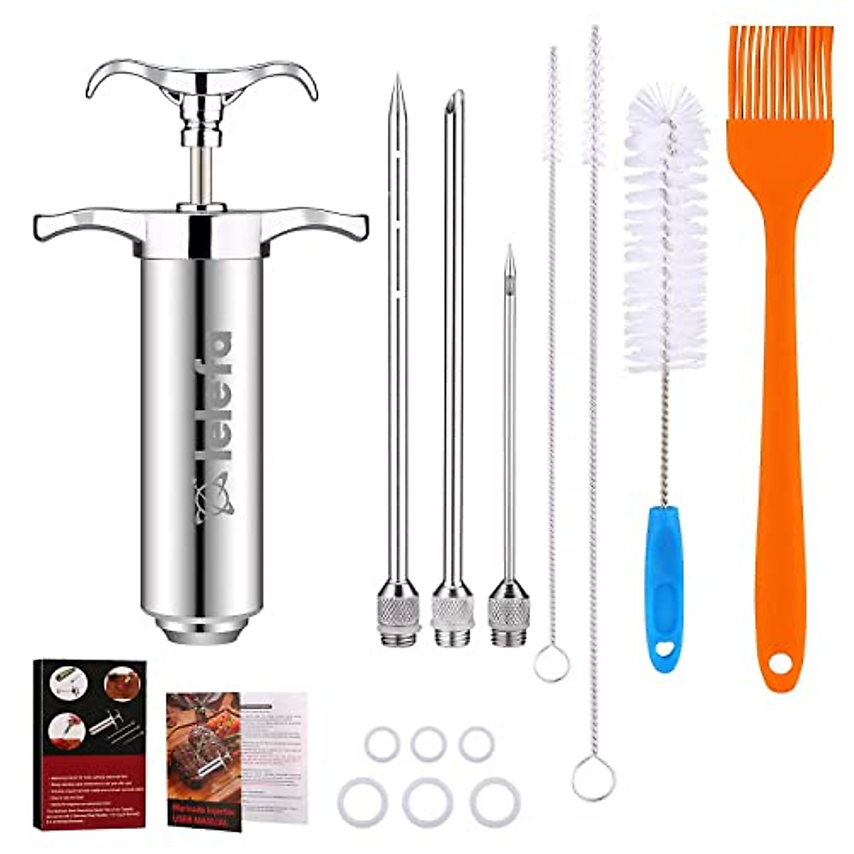 Lelefa 304-Stainless Steel Meat Injector with 3 Needles, 2-oz Capacity, Turkey Injector for BBQ Grill Smoker, Meat Injector Syringe with Paper User Manual