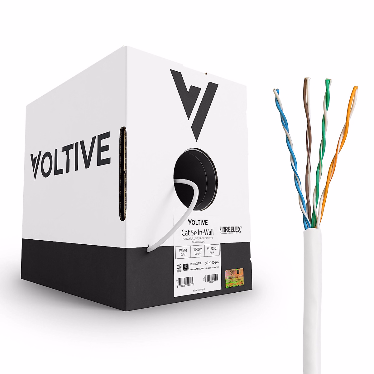 Voltive Cat5e in-Wall (CM), 1000ft, White - Solid Bare Copper Bulk Ethernet Cable - UTP - 350MHz - UL Certified & ETL Verified