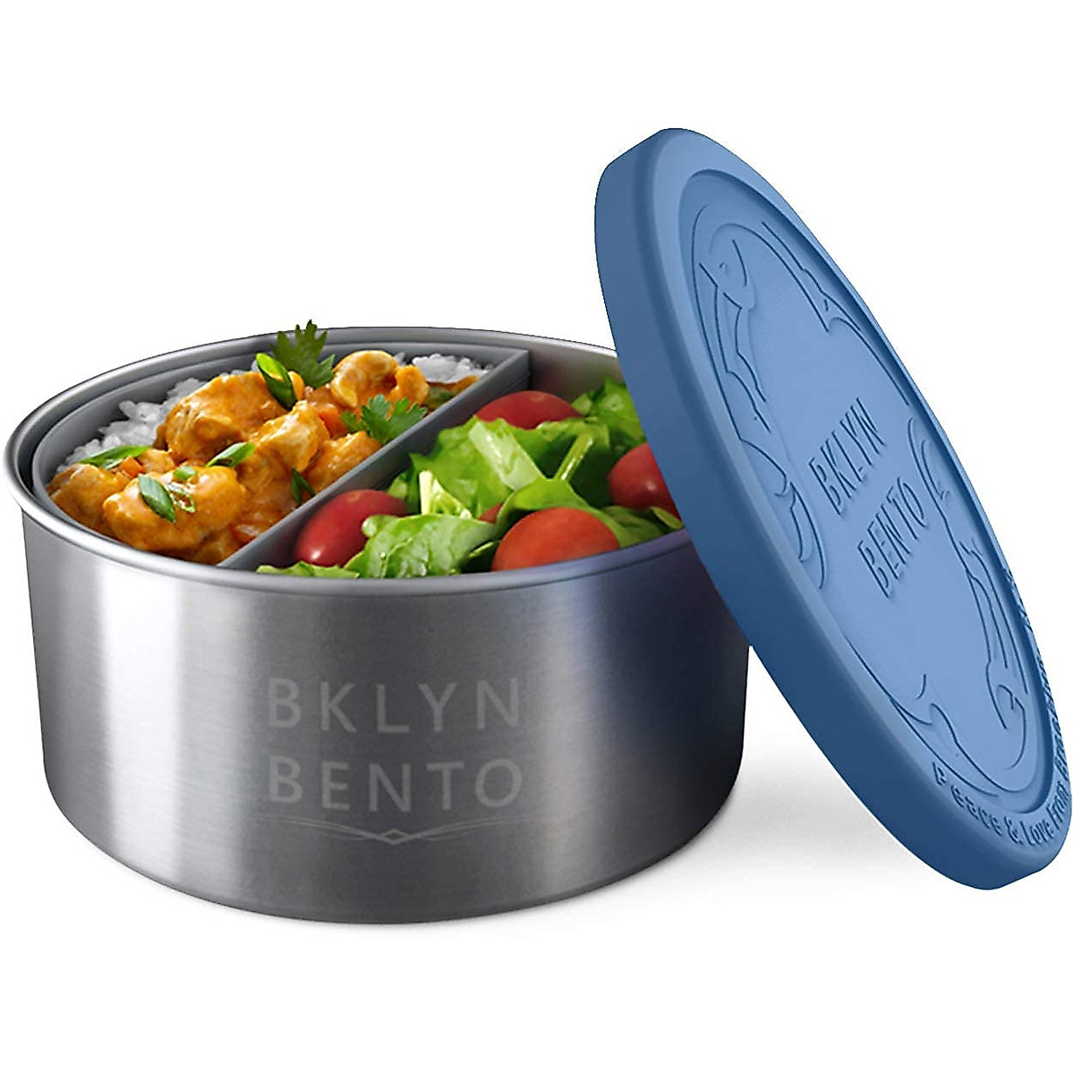 Stainless Steel Food Container With Silicone Food Separator and Leak Proof Silicone Lid | Metal Lunch Box Divider | Bento Box | Portion Control Snacks (Blue & Grey (Food Separator)