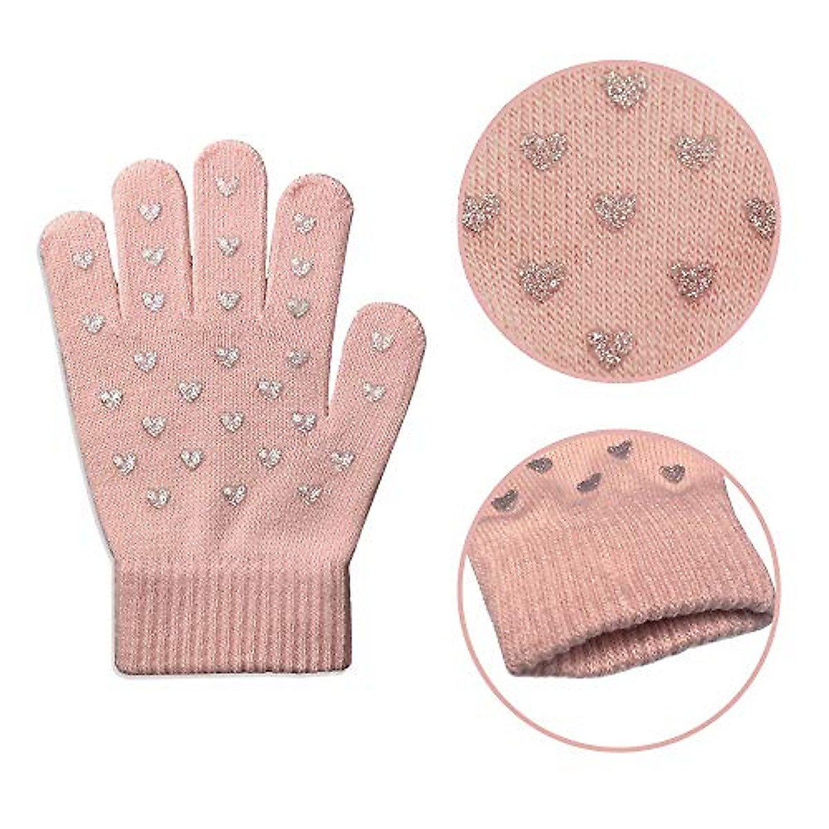 Evridwear Boys Girls Magic Stretch Gripper Gloves 3 Pair Pack Assortment, Kids One Size Winter Warm Gloves Children (6-8Years, 3 Pairs Heart Printing)