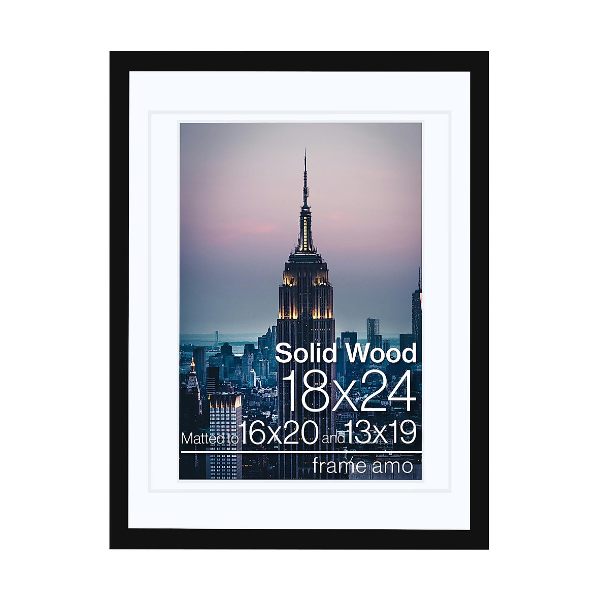 Frame Amo 18x24 Black Solid Wood Poster Frame, White Multi Mat for 13x19 and 16x20 Image, 1 inch Wide, Acrylic Front