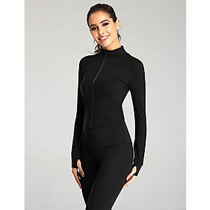 UANEO Workout Tops for Women Cropped Workout Jackets for Women Yoga Athletic Jacket (Black-L)