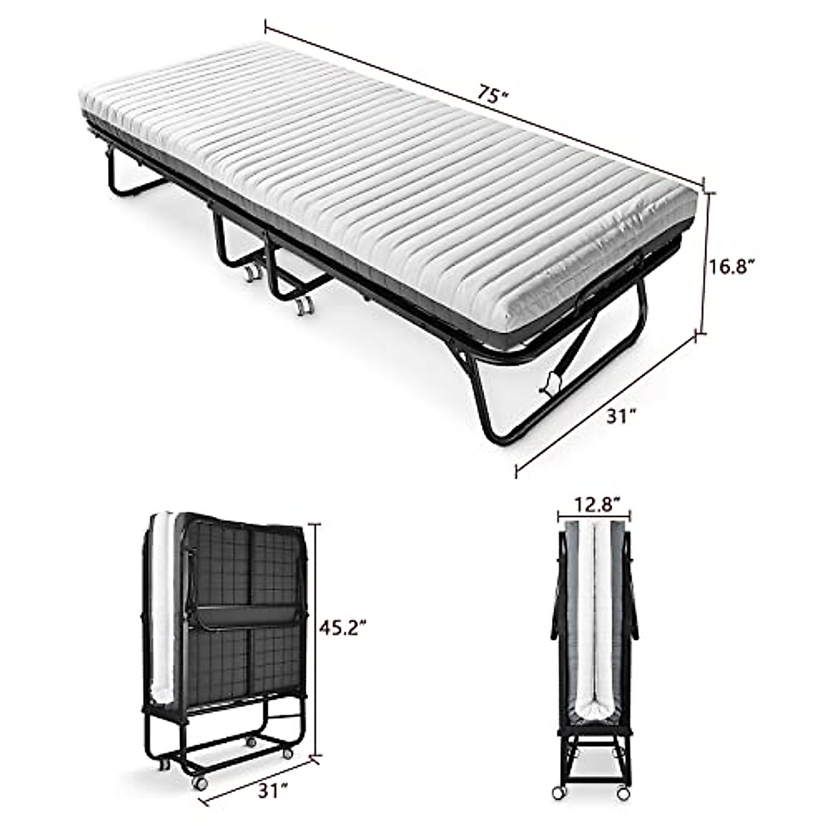 PONROL Folding Bed with Luxurious Memory Foam Mattress, Portable Foldable Roll Away Adult Bed for Guest, Space Saving Fold Up Soft Mattress Bed for Easy Storage, 75" L*31”W