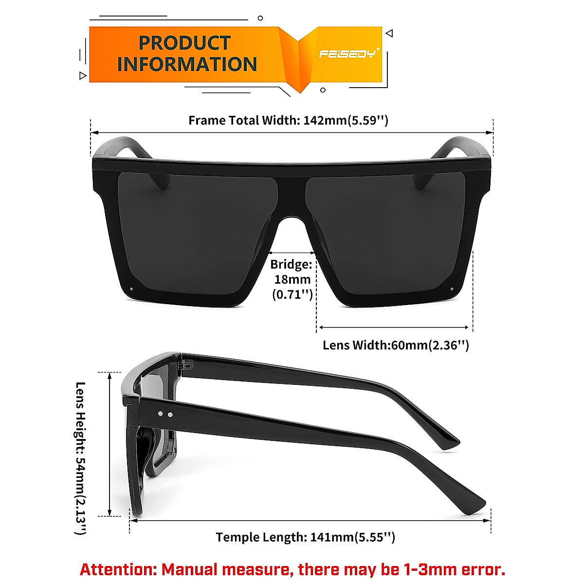 FEISEDY Oversized Sunglasses Mens Womens Flat Top Square Trendy Visor Shades UV400 B2470