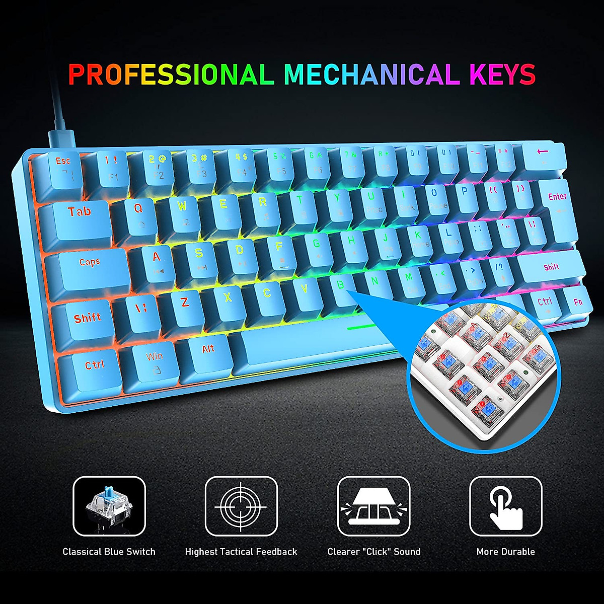 SELORSS Blue 60% True Mechanical Gaming Keyboard and Mouse Combo,20 RGB Chroma Backlit Type C Wired 62 Keys Mini Keyboard,Lightweight Gaming Mouse and Mouse Pad for Gamers and Typists