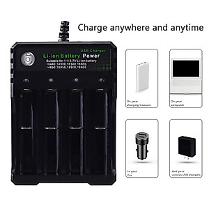 18650 Battery Charger 4 Bay Fast Charge, for 3.7V Li-ion TR IMR 10440 14500 16650 14650 18350 18500 16340(RCR123) Batteries, USB Intelligent Universal Rechargeable Battery Charger