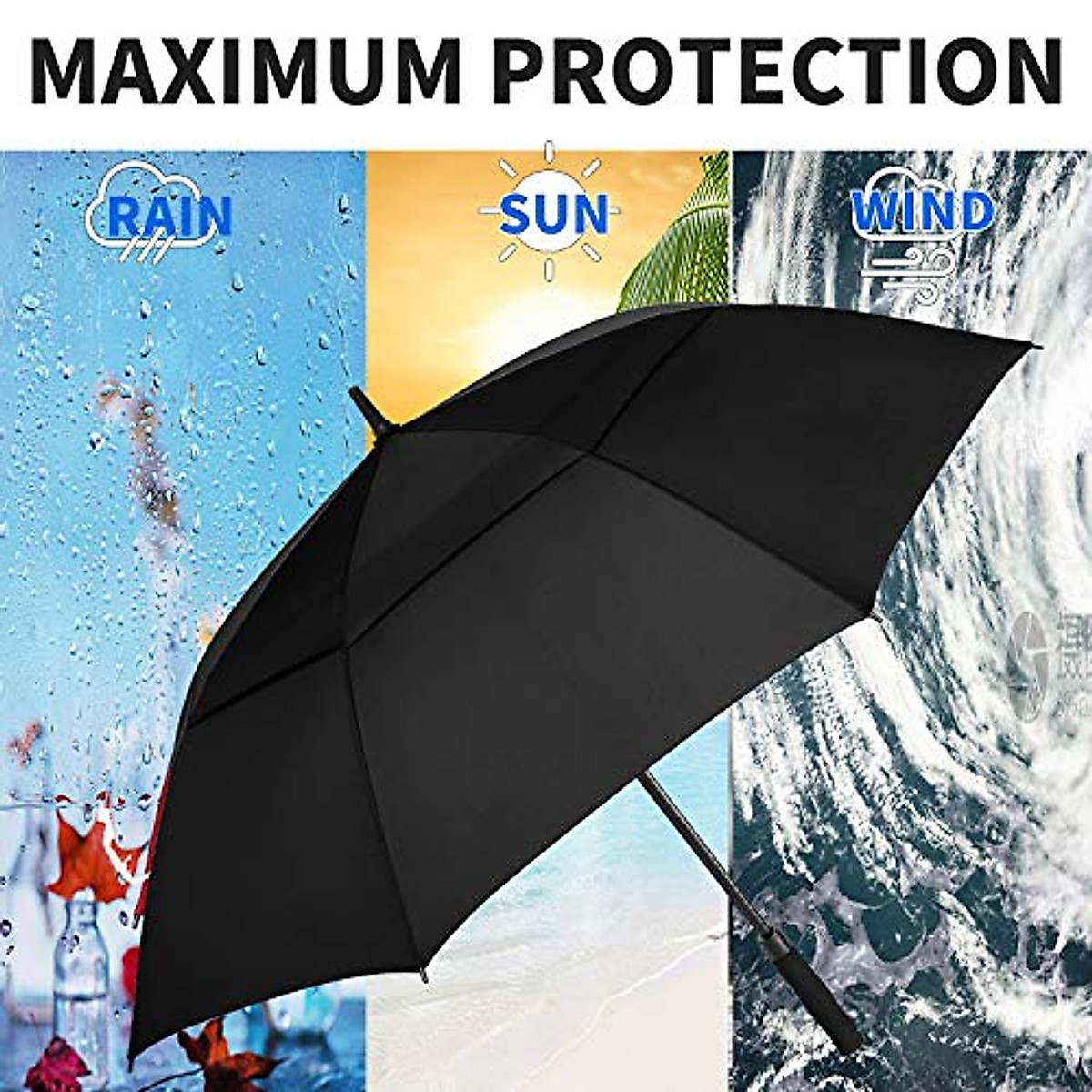 MRTLLOA 62/68/72 Inch Automatic Open Black Golf Umbrella, Extra Large Oversize Double Canopy Vented Windproof Waterproof Stick Umbrellas for Rain(62 Inch)