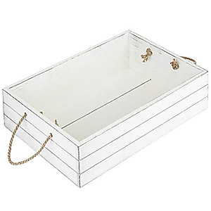 MyGift Vintage White Wooden Storage Bin with Rope Handles, Decorative Open Top Small Wood Box