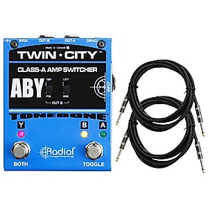 Radial Bones Twin City Active ABY Amp Switcher Pedal with 2 Senor - 18.6ft Instrument Cable