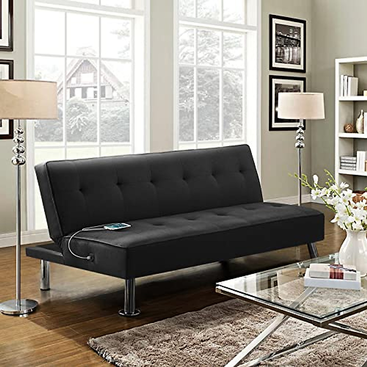 Yaheetech Modern Convertible Futon Sofa Bed w/ 2 Integrated USB Charging Ports Fabric Loveseat Couch Metal Legs, 3 Angles Adjustable Back for Compact Living Space, Apartment, Dorm, Bonus Room Black