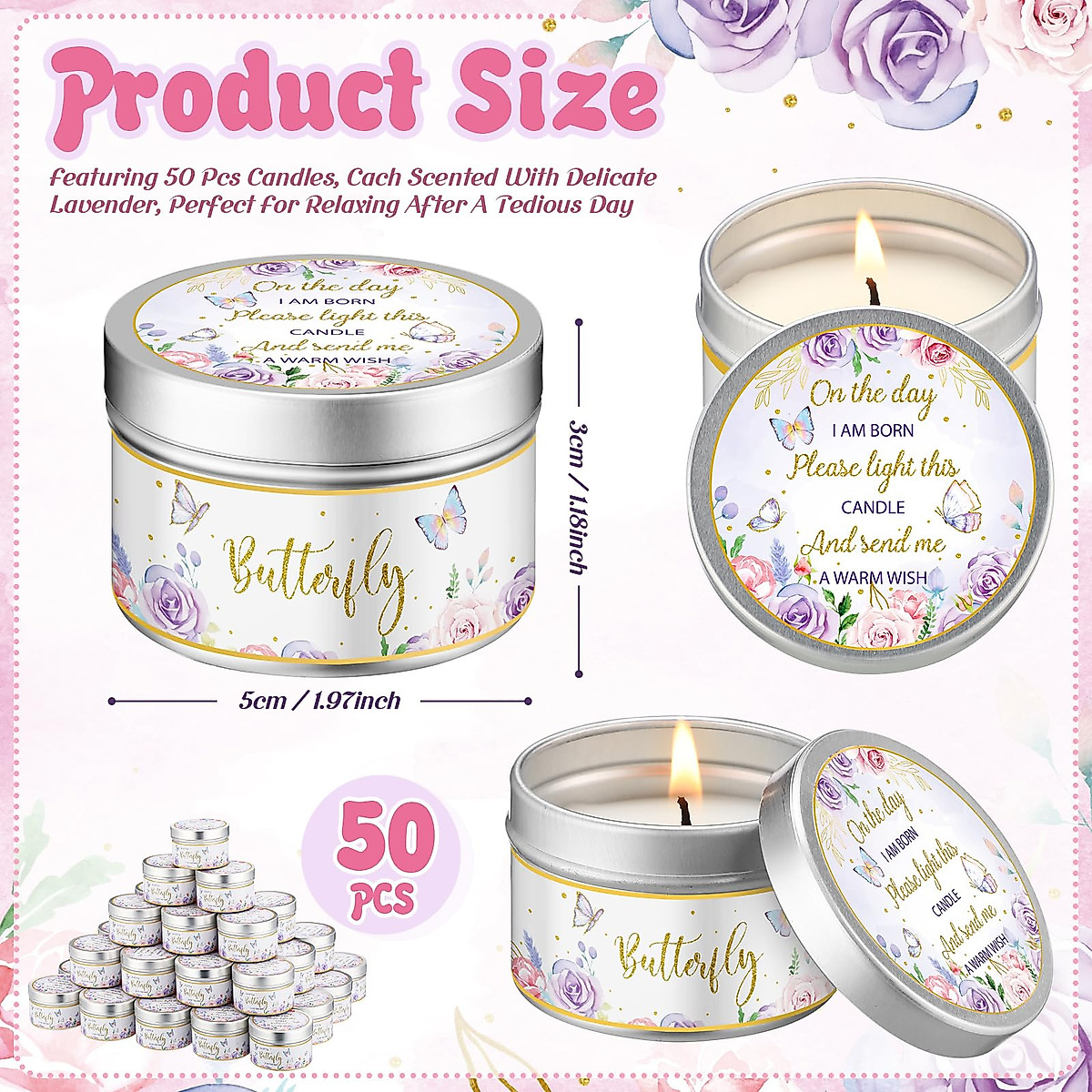 Threlaco 50 Pcs Baby Shower Party Favors Candles Lavender Scented Gender Reveal Candle Gifts Bulk Candles for Favors Baby Shower Favors Rustic Tea Lights Candles Return Gifts (Flower and Butterfly)