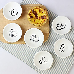 SOCOSY Super Cute Cat Ceramic Sauce Dish/Seasoning Dish/Sushi Soy Dipping Bowl/Appetizer Plates/Serving Dish for Kitchen Home(Set of 6)