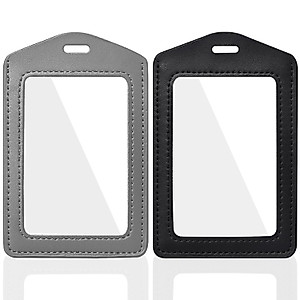 Vin Beauty 2 Pack Genuine Leather ID Badge Holders, Vertical ID Card Holders with Double-Side Clear Window, Waterproof Name Badge Holde Suit for Office, Staff, Students, Employees