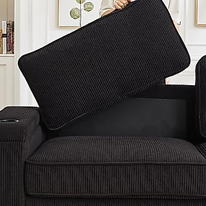 ERYE Modern Living Room Upholstered 3 Seater Sofa Couch Deep Seat Soft Corduroy Sofa&Couch with Storage Armrests, 2 Cupholders, Type-C and USB Charging Ports for Home, Apartment, Office