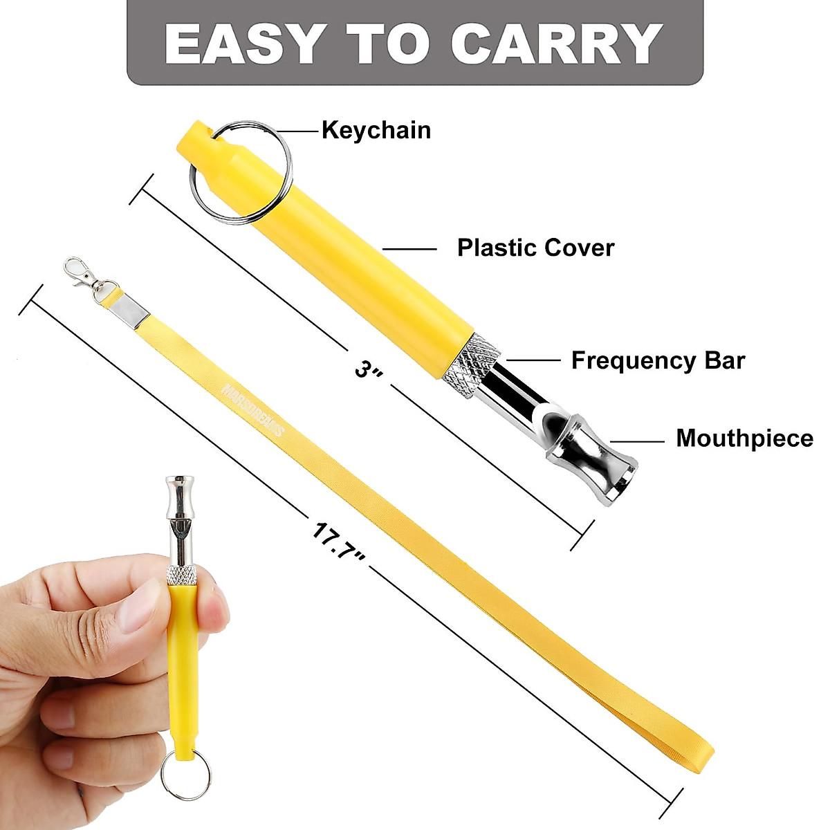 MARSDREAMS Pet Training Clicker, Whistle -Training Behaviour Aids Accessories for Puppies with Lanyard - Barking Control Device - Long Range Adjustable Frequency - Pack of 3 - Yellow (Yellow)
