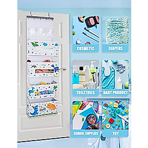 WERNNSAI Dinosaur Door Hanging Organizer - Over Door Storage with 4 Large Pockets 3 Clear Small Pockets for Kids 49” x 14” x 5” Baby Storage Toys Towels Sundries for Children Room Bedroom Kitchen