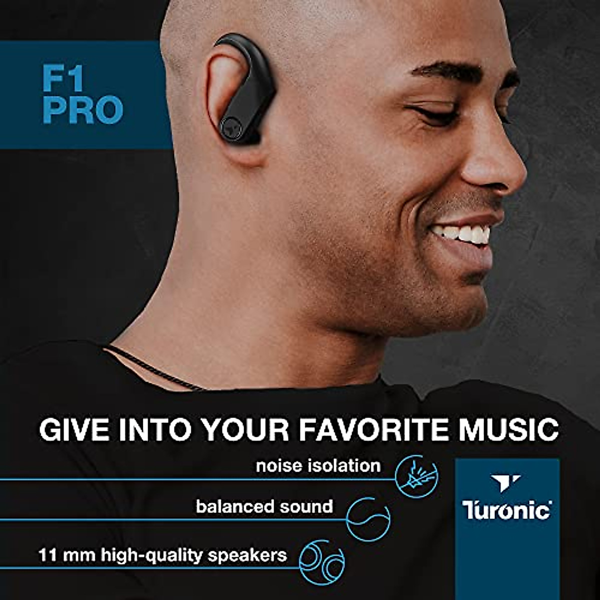 Turonic F1 Pro - True Wireless Earbuds - 45H Playtime, Charging case, Mic, IPX7 Waterproof Bluetooth Headphones w/Microphone - Sport Wireless Earphones with Earhook for Gym, Running, Workout - Black