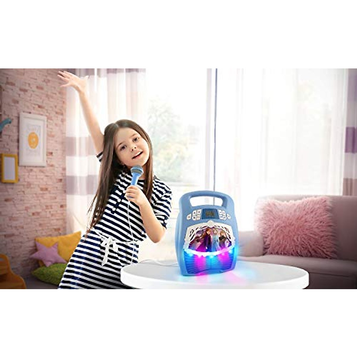Frozen 2 Bluetooth Portable MP3 Karaoke Machine Player with Light Show Store Hours of Music with Built in Memory Sing Along Using The Real Working Microphone USB Port to Expand Your Content