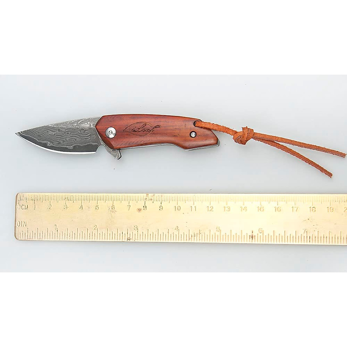 ILEAF Damascus Steel Folding Pocket Knife 2" Blade 3" Folded 5" Open, Liner Lock with Rosewood Handle Great for Camping Fishing Hiking