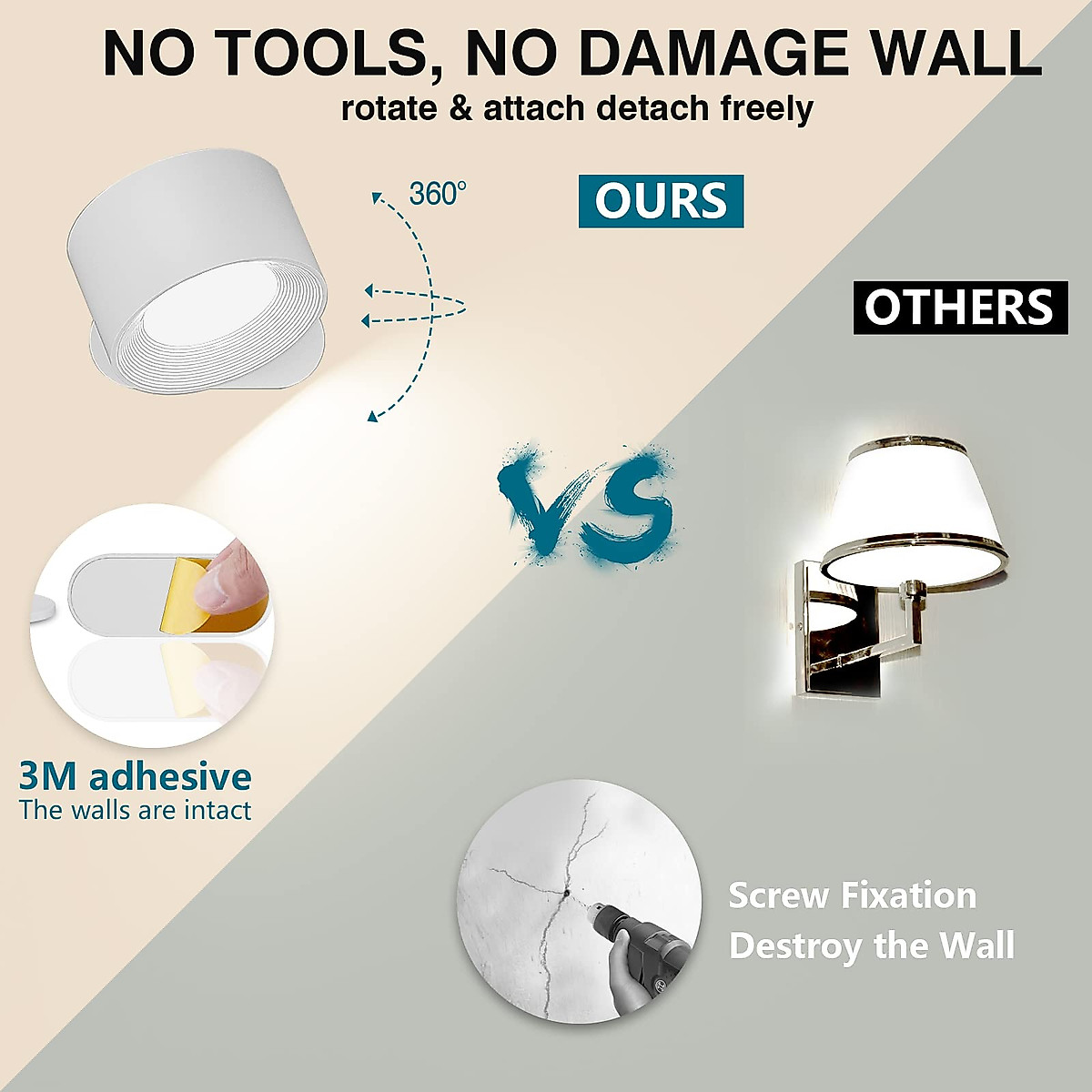 Kitloo Wall Light, Battery Operated Lights Rechargeable Wall Sconce with 360° Free Rotate Magnetic Ball, 3 Brightness Levels&3 Color Temperatures Wall Lamp for Bedroom