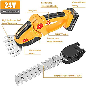 24V Cordless Grass Shear & Hedge Trimmer, 2 in 1 Electric Mini Hedge Trimmer, Handheld Grass Cutter Clippers Power Hedge Trimmers with 1500mAh Rechargeable Battery & Charger for Gardening