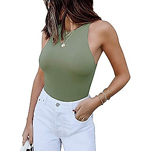 REORIA Womens Sexy Sleeveless Halter Neck Racer Back Leotard High Waist Thong Bodysuits Tank Tops Dark Green Medium