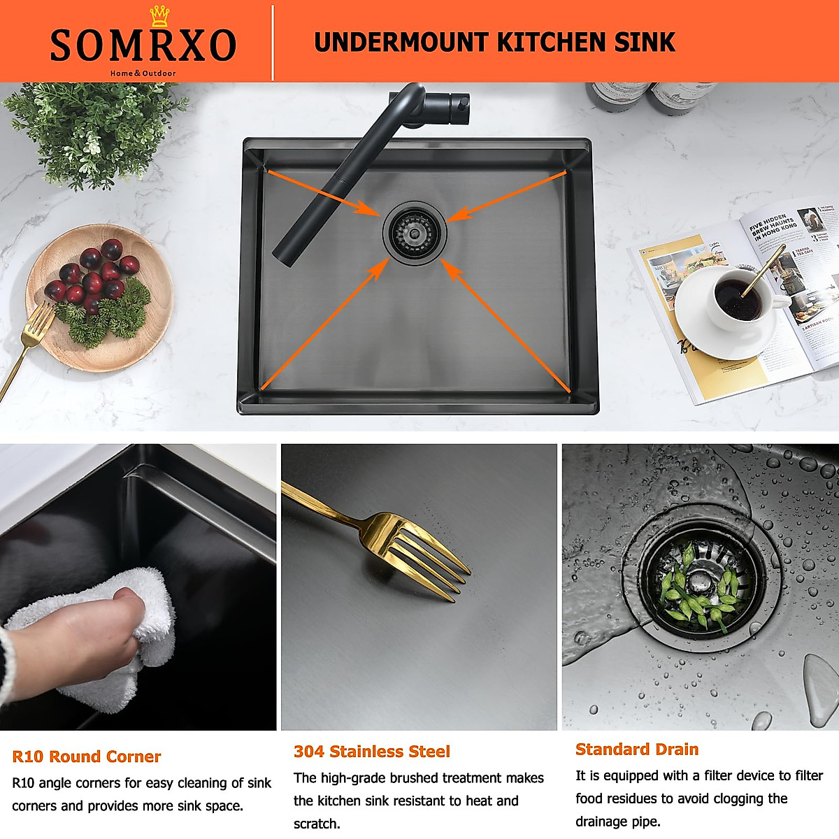 23 Inch Black Undermount Bar Sink Workstation-SOMRXO 23×18 Black Bar Sink Undermount Workstation Kitchen Sink 16 Gauge Gunmetal Black Stainless Steel Kitchen Sink Single Bowl Small Kitchen Bar Sink