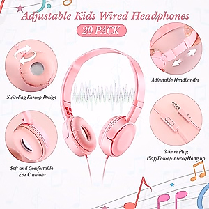 Kanayu 20 Pcs Classroom Headphones Bulk On Ear 3.5mm Wired Headphones for School Macaron Kids Wired Headphones Bulk Adjustable Multi Color Headphones for Kids Adults School Library Computers, 5 Colors