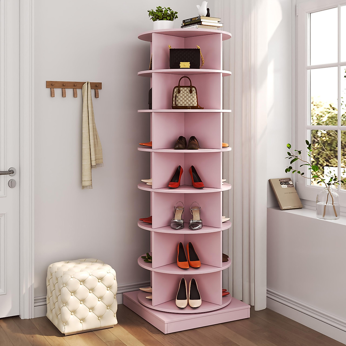Maotifeys Rotating Shoe Rack Tower, 7-Tier Spinning Shoe Rack, Free Standing 360° Revolving Shoe Organizer Can Hold 28 Pairs of Shoes for Entryway Living Room Hallway (7-Tier, Pink)