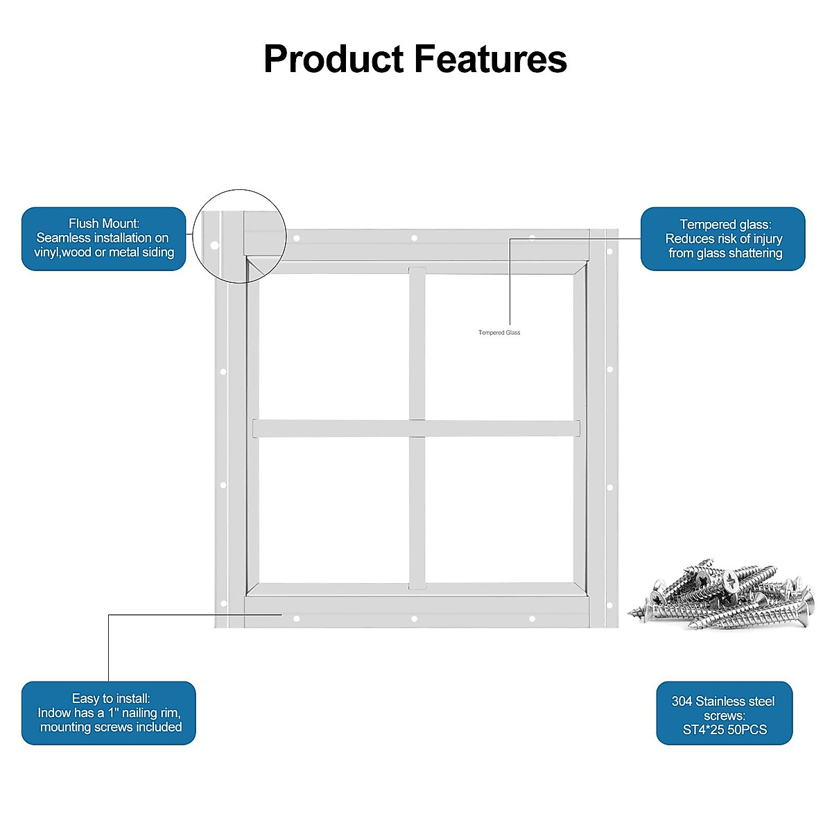 2 Pack Shed Window 12" W x 12" H, White Flush Mount Window with Tempered Glass for Playhouses, Sheds, Garage and Chicken Coops