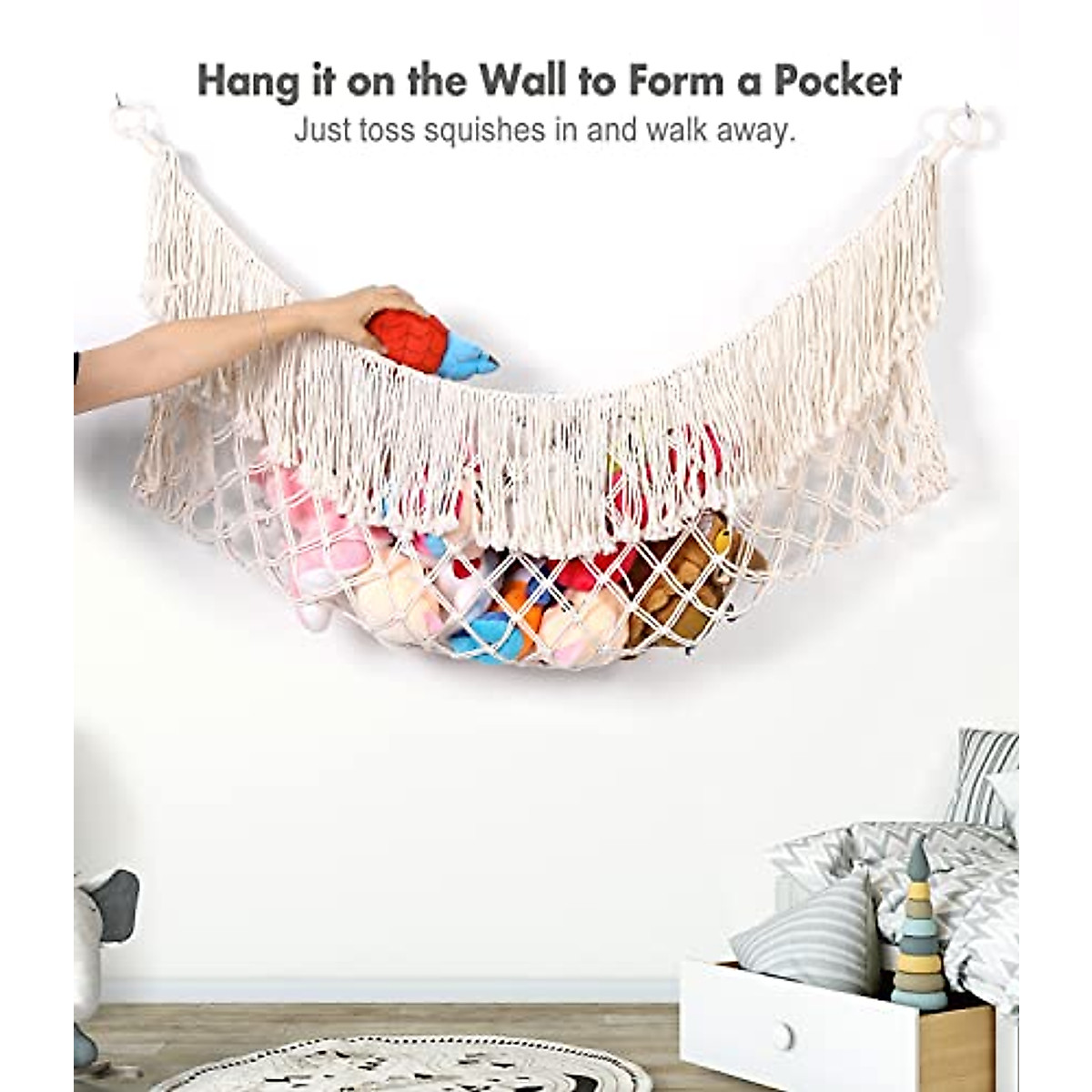 Large Stuffed Animal Hammock - [56'' Wide/Upgraded Handwoven Macrame/Cream] Toy Storage Net Hammock for Flat Wall, Hardware Included