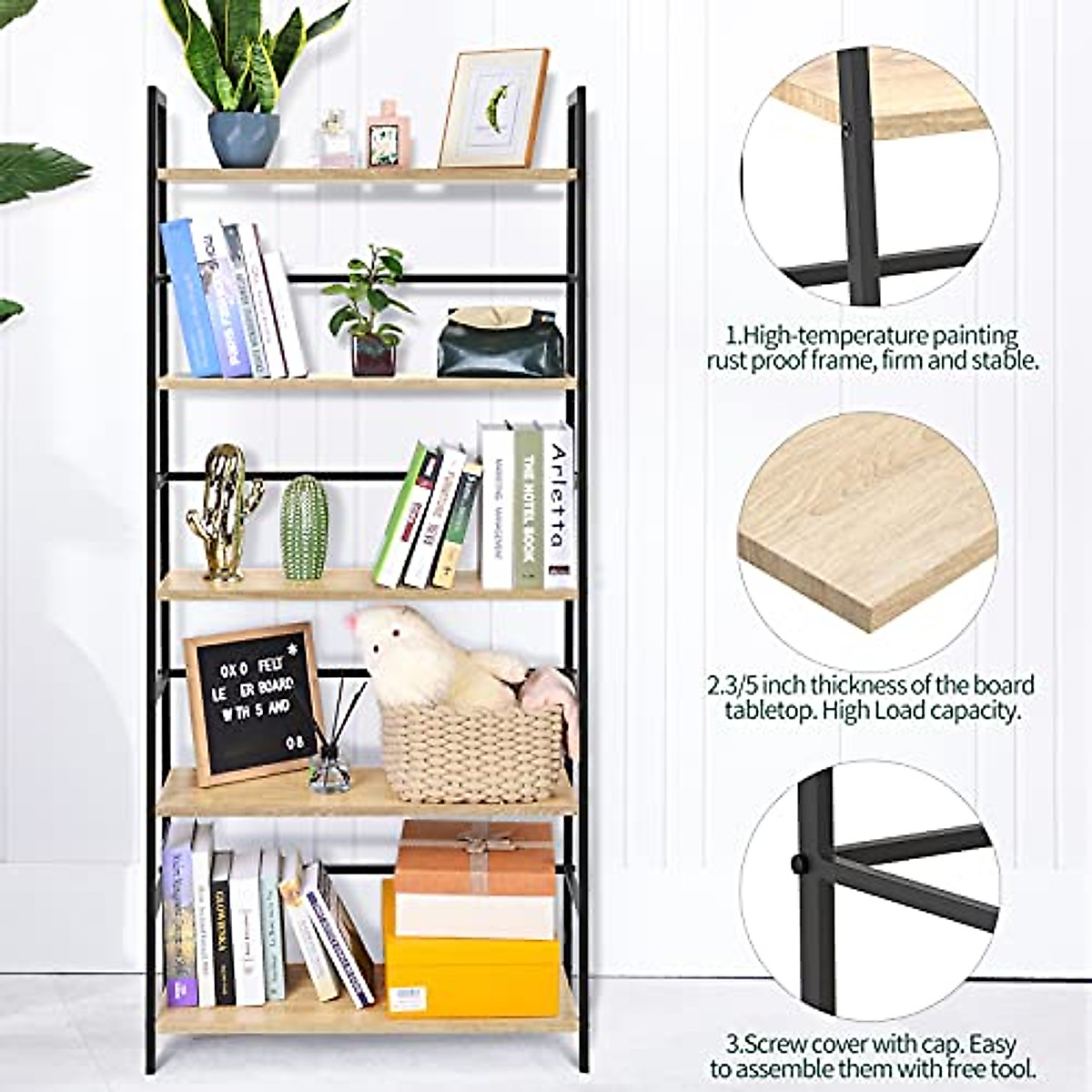 5 Tier Bookshelf Industrial Ladder Shelf Open Display Storage Rack Wood Bookcase with Metal Frame, Freestanding Storage Shelves for Home Office, Living Room, Bedroom, Kitchen