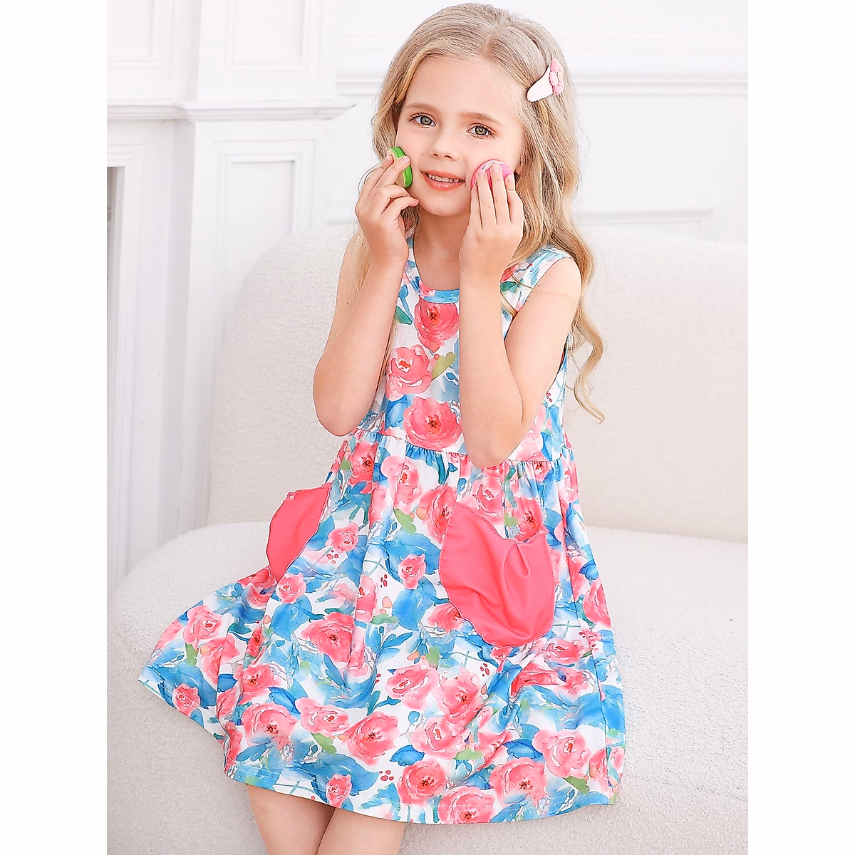 Vieille Toddler Summer Dresses 4t 5t Little Girls Flower Dress with Big Pocket Casual Sundress for Daily Playwear Holiday Party