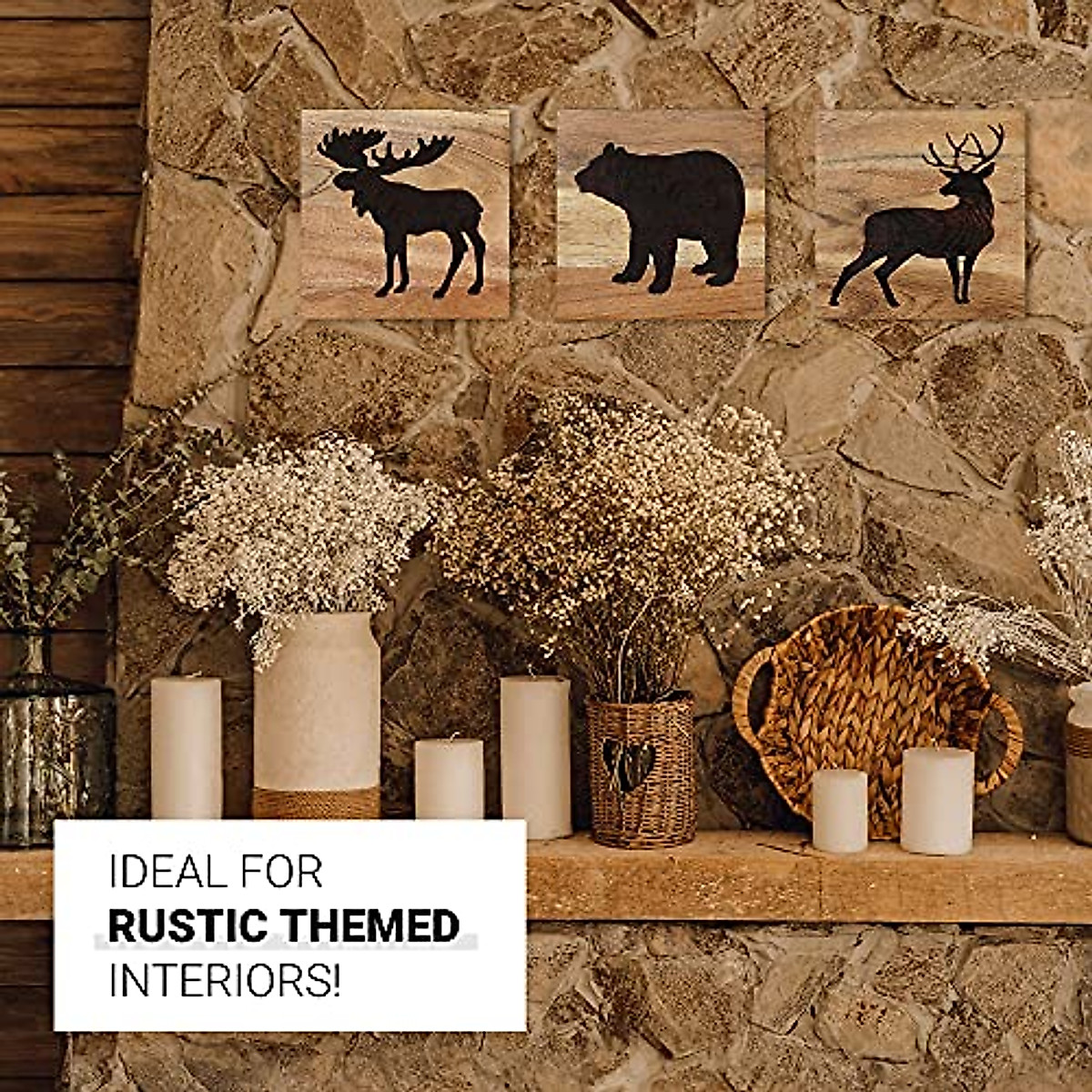 HomeRustique Real Wooden Cabin Decor with Bear, Deer and Moose (Set of 3) - Woodland Rustic Wall Decoration for Home, Log Cabin, Hunting Theme, Mountain Lodge or Bathroom, Animal Pictures Decor