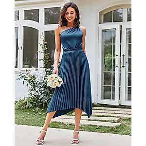 GRACE KARIN Womens One Shoulder Cutout Sleeveless Midi Dress Sexy Satin Pleated Dress Elegant Formal Prom Party Dress Peacock Blue S