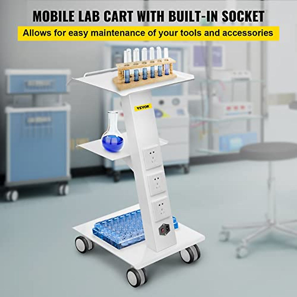 VEVOR Lab Trolley, Rolling Lab Cart w/Built-in Socket, 3 Layers Tray Rolling Clinic Cart, 360° Silent Rolling Wheels w/Foot Brake, 88 lbs Weight Capacity Sturdy Steel Frame, for Lab Clinic Salon