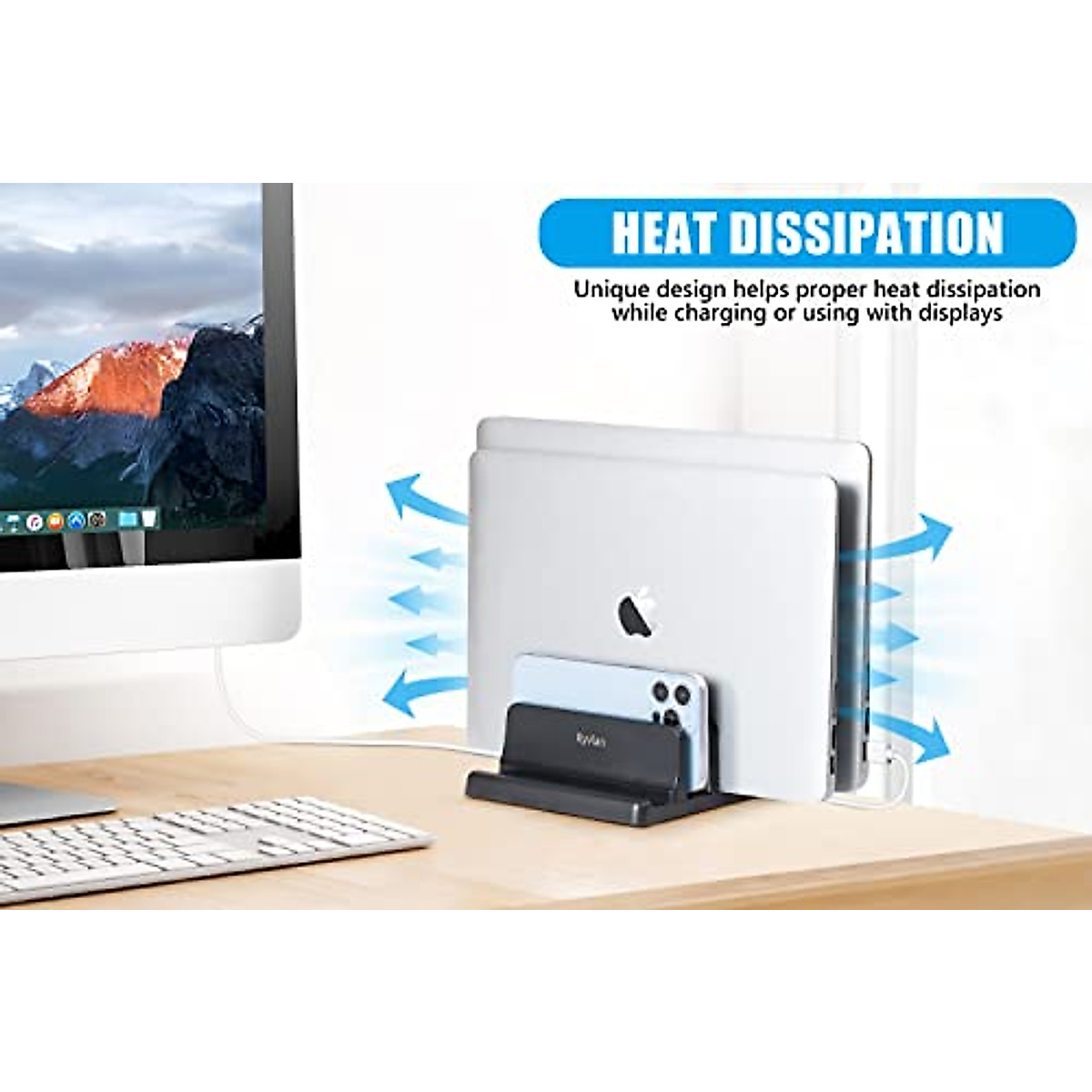 Ryvlan Vertical Laptop Stand, Adjustable 3 Slot Laptop Storage with Rubber Padding, Multiple Laptop Holder for Desk, Premium Plastic MacBook Holder - Ipad Shelf, Kindle, Tablet Storage - Black