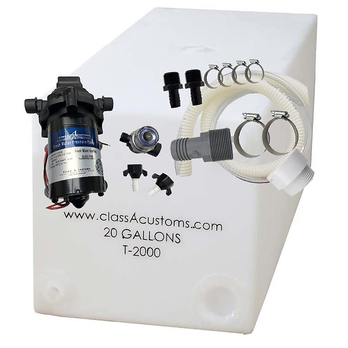 Class A Customs | 20 Gallon RV Concession Fresh Water Tank with Plumbing Kit & 12 Volt Water Pump | T-2000-BPK-PUMP