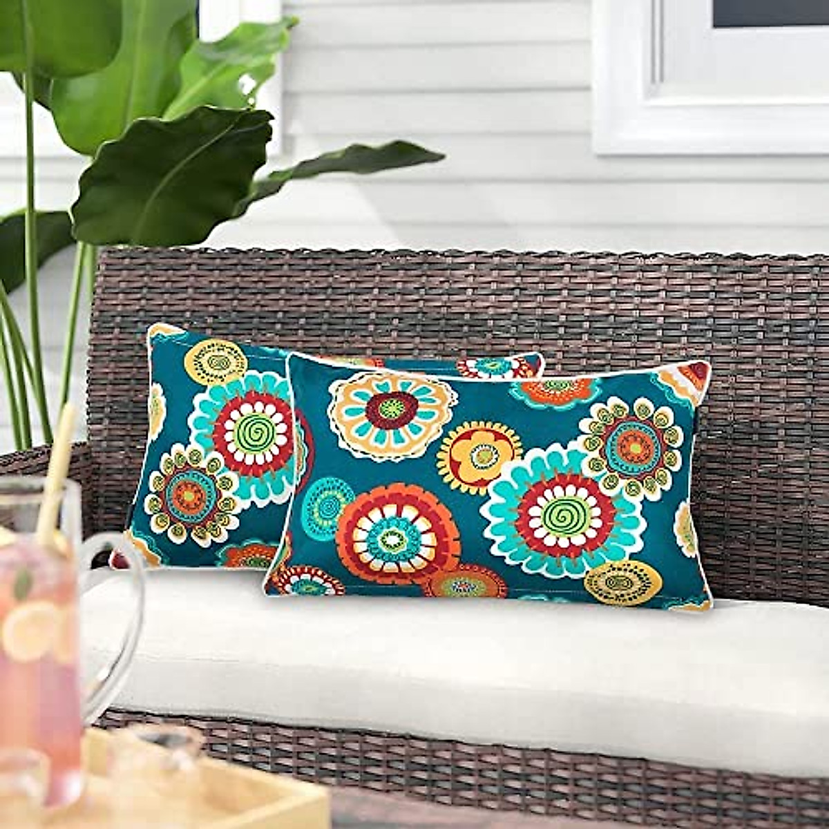 Pack of 2 Outdoor/Indoor Lumbar Pillow Case Covers 12"x20", Waterproof Rectangular Throw Pillowcase Shell Christmas Decorative Cushion Sham for Patio Garden Tent Couch - Heronsbill Turquoise Green