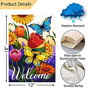 Louise Maelys Welcome Spring Floral Garden Flag 12x18 Double Sided, Burlap Small Vertical Spring Summer Butterfly Garden Yard Flags for Seasonal Outside Outdoor House Decoration (ONLY FLAG)