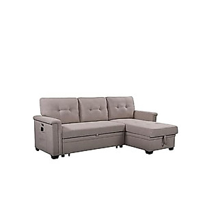 BOWERY HILL Light Gray Reversible Sleeper Sofa Storage Chaise USB Charging Port
