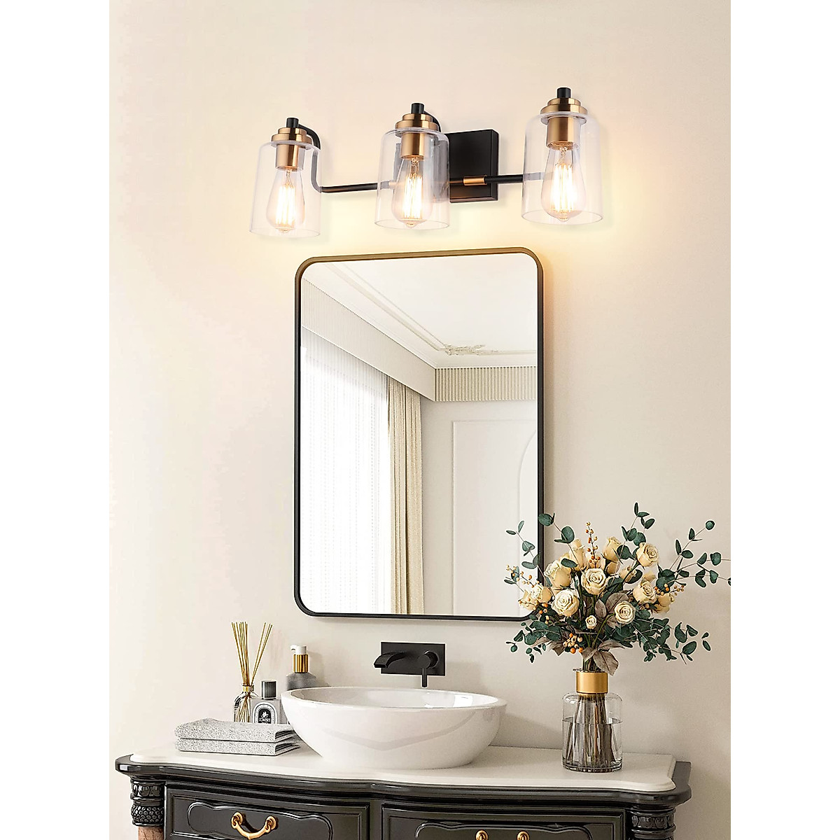 SOLFART Bathroom Light Fixtures 3-Light Vintage Bathroom Vanity Light Over Mirror Wall Sconces in Black Brass Vanity Lights for Bathroom(Brass)