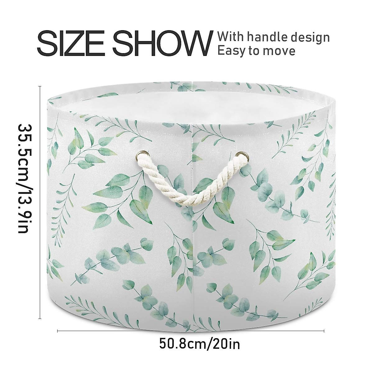 ALAZA Large Storage Basket for Toys Eucalyptus Leaf Green Tropical Plant Round Blanket Basket Laundry Hamper Canvas Organizer Bin Box Cotton Rope Collapsible Bucket Pillow Home Decor