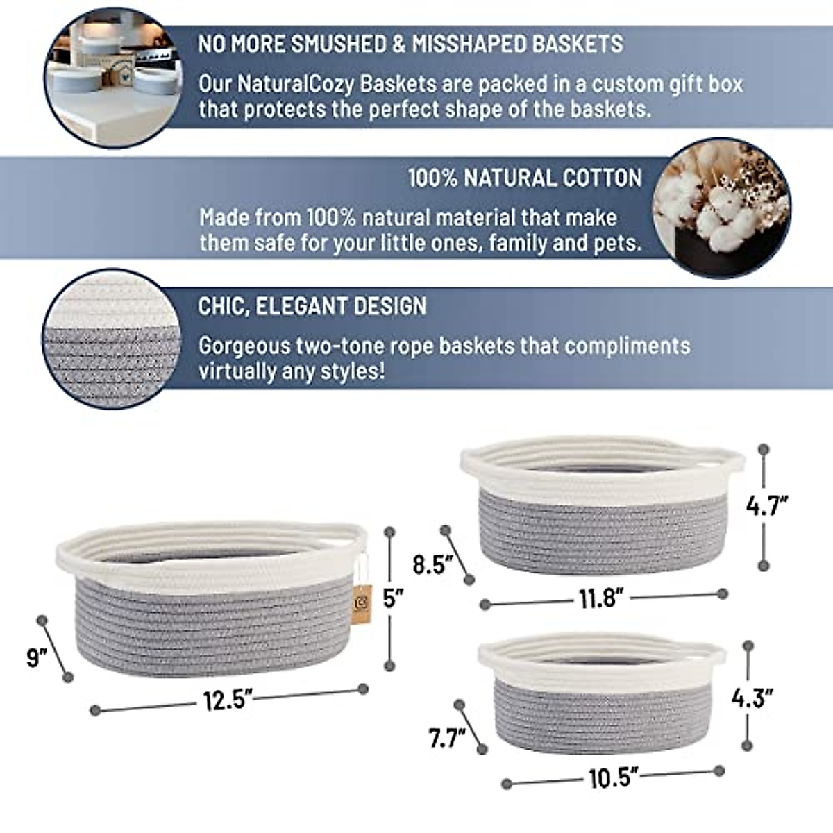 NaturalCozy 3-Piece Oval Storage Basket Set– Natural Rope Woven Baskets for Storage, Gift Basket Empty, Toy Basket, Soft Baby Basket for Nursery, Cat Dog Toy Baskets, Small Basket (Off White & Gray)