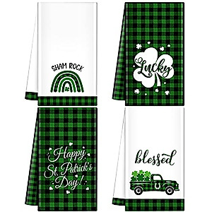 Kajaia 4 Pieces St. Patrick's Day Kitchen Dish Towels Green Black Buffalo Plaids Lucky Shamrock Truck Cloth Tea Towel 16 x 24 Irish Seasonal Decorative Dishcloth Hand Towel for Cooking Baking