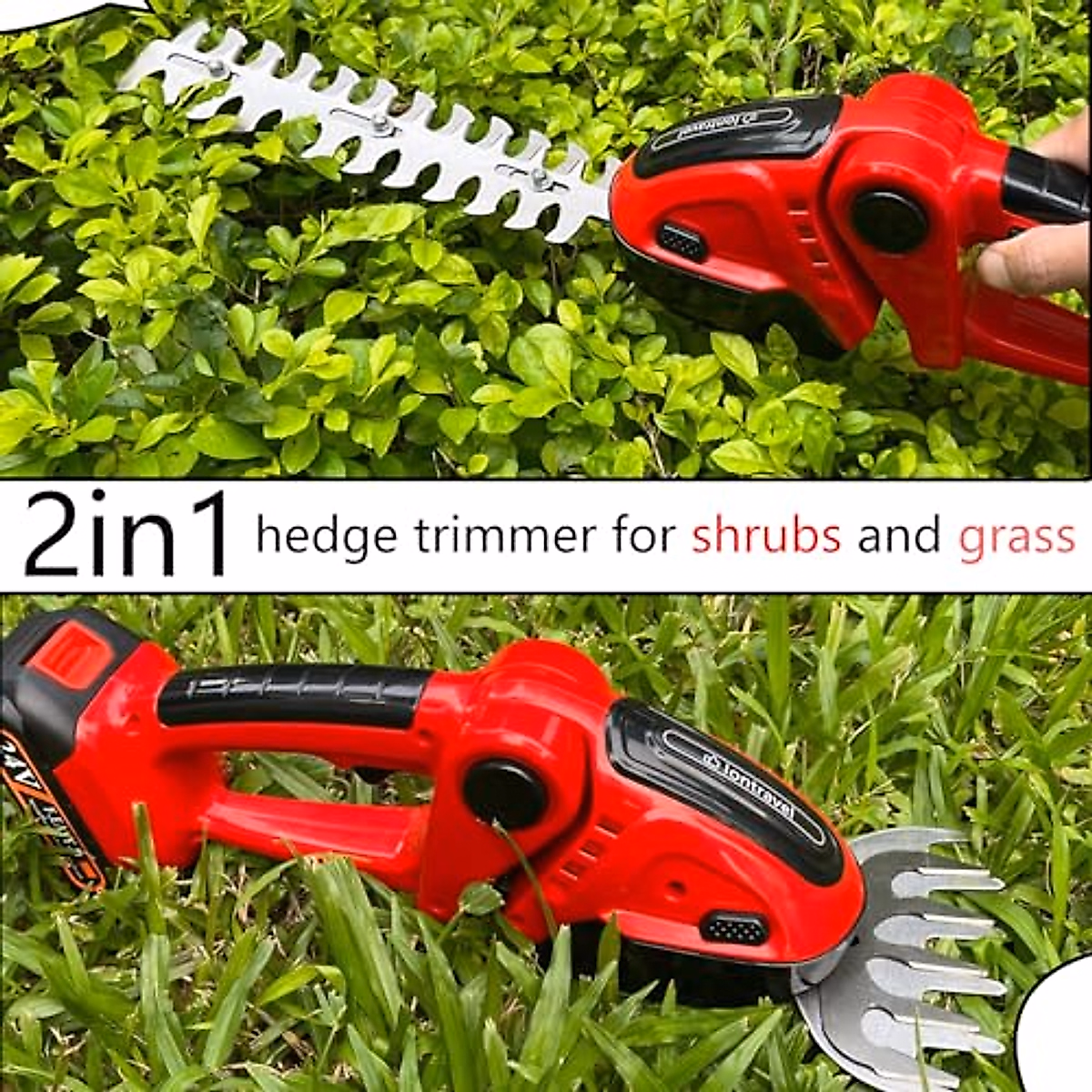 Cordless Hedge Trimmer-24V Electric Shrub Trimmer Grass Shears Handheld Grass Cutter, Hedge Shear with 2 PCS Rechargeable Battery, Charger and Toolbox to for Garden, Lawn, Red