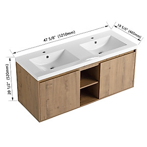 Voohek 48" Wall-Mounted Vanity with Double Sink, 2 Soft Closing Doors and 3 Open Shelves, Cabinet w/ 45° Bevel Handles, Imitative Oak Bathroom Vanity1